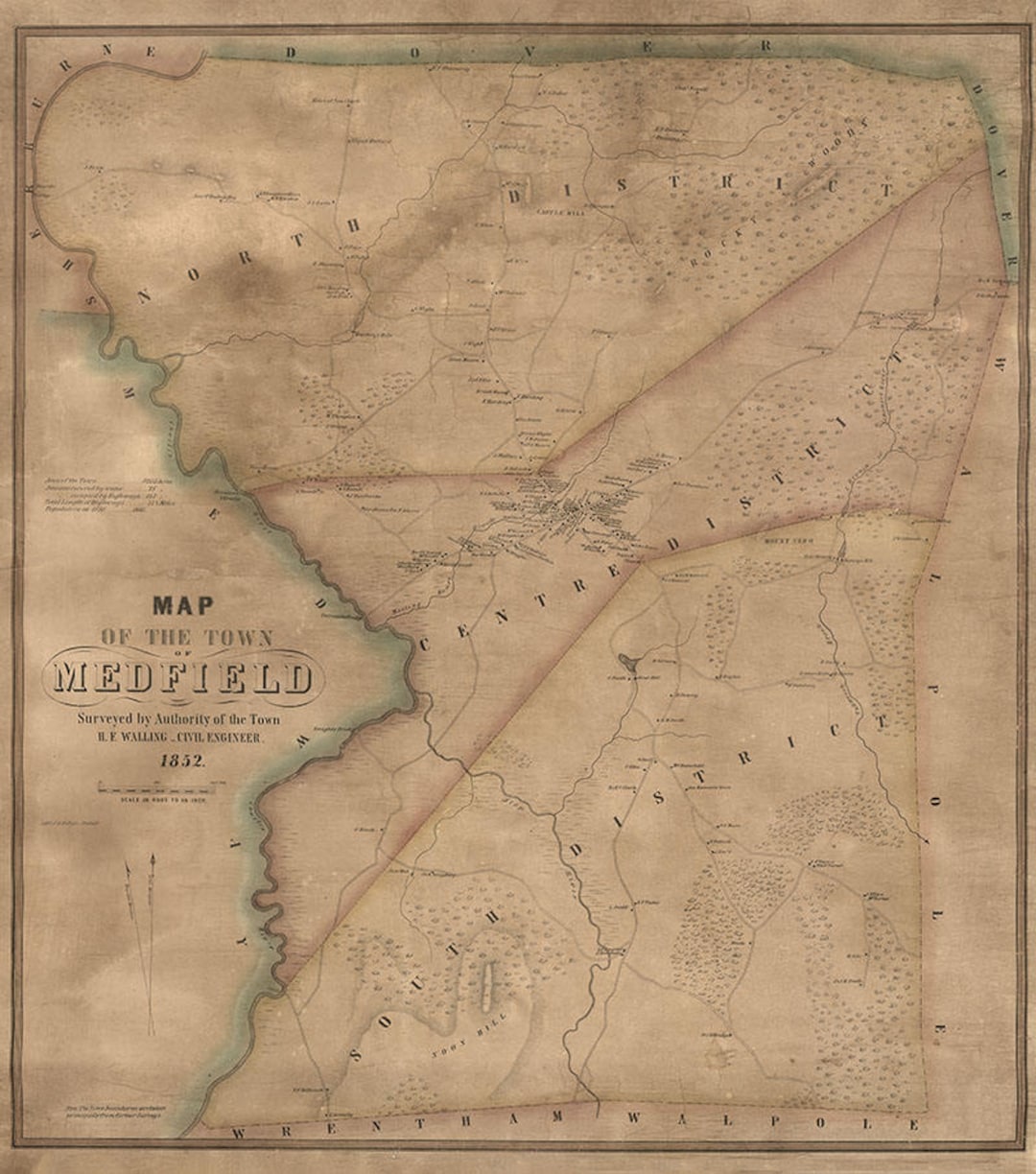 1852 Map of Medfield Massachusetts - Etsy