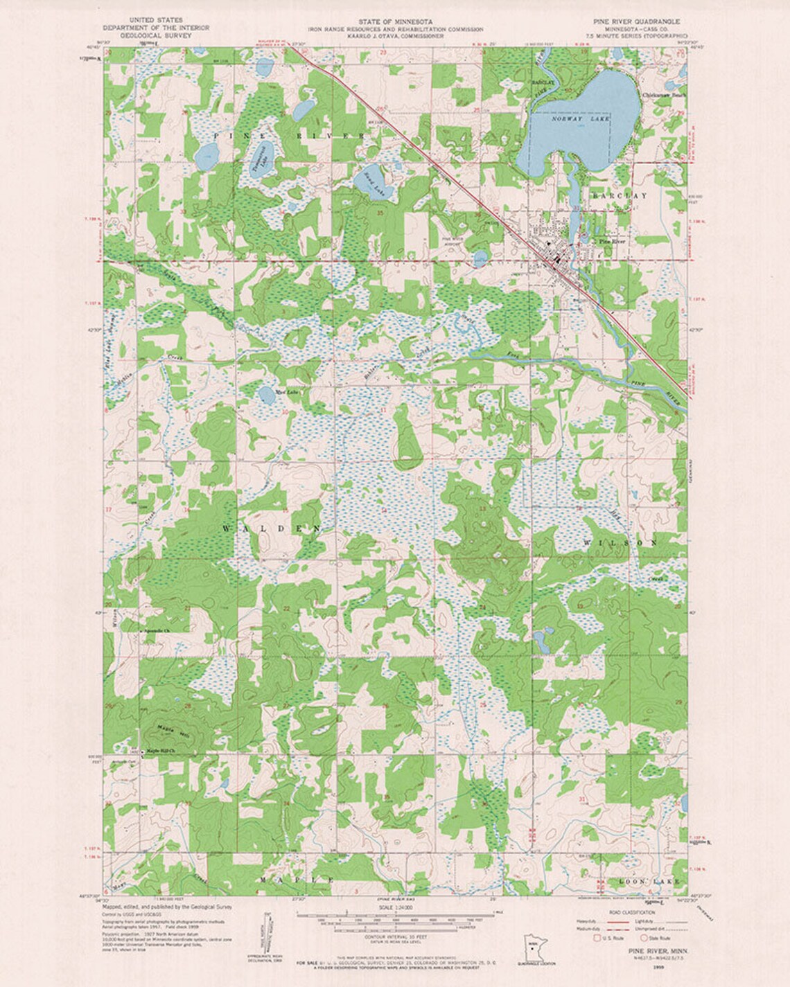 1959 Topo Map of Pine River Minnesota Quadrangle Norway Lake - Etsy