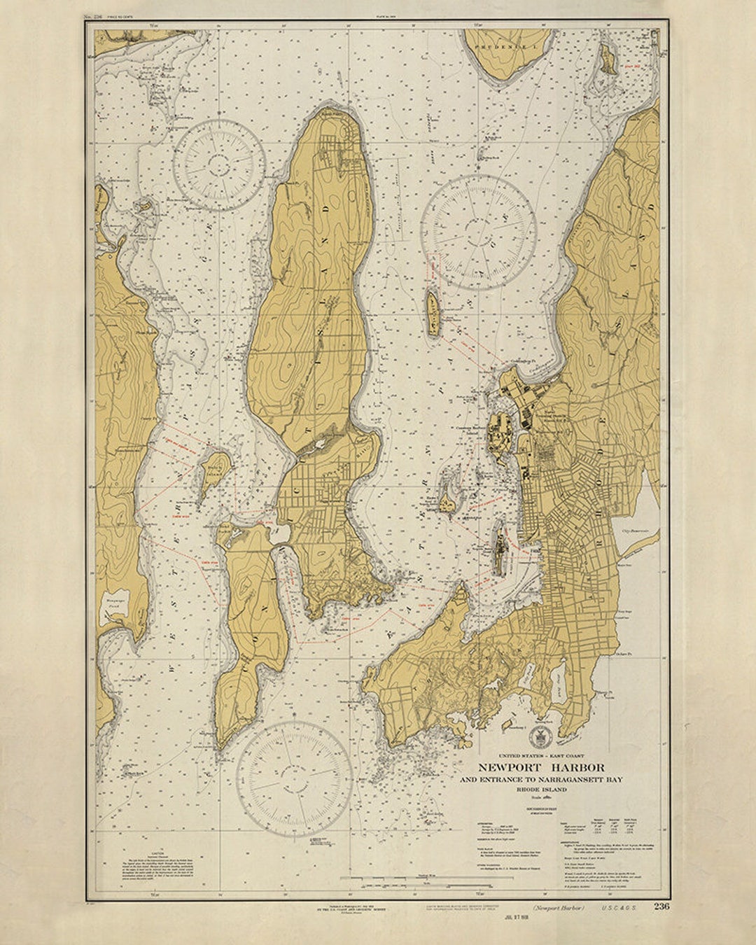 1931 Nautical Map of Newport Harbor and Narragansett Bay Rhode Island ...