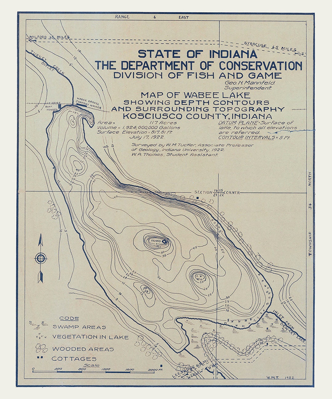 1922 Map of Wabee Lake Kosciusko County Indiana - Etsy