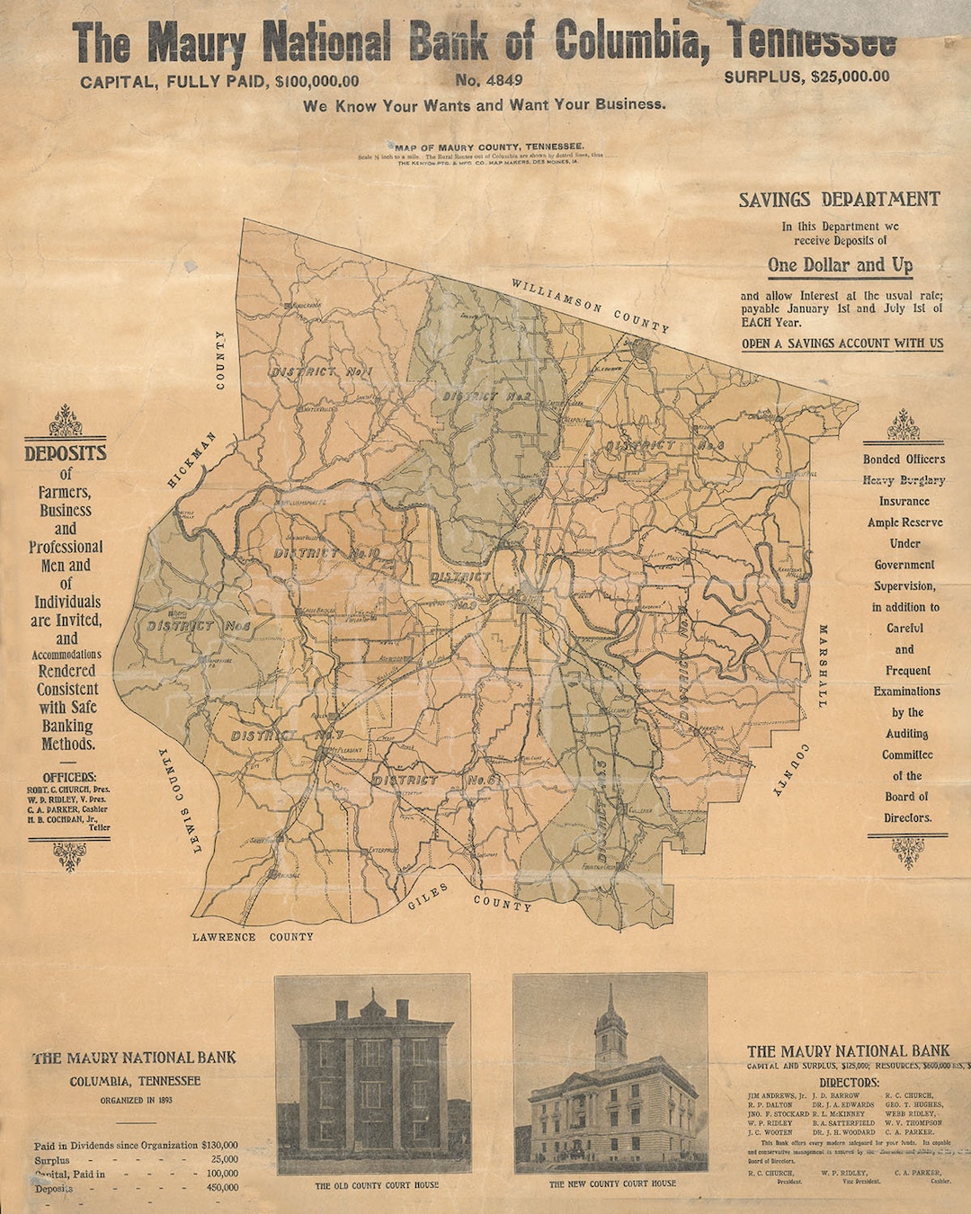 1905 Map of Maury County Tennessee - Etsy
