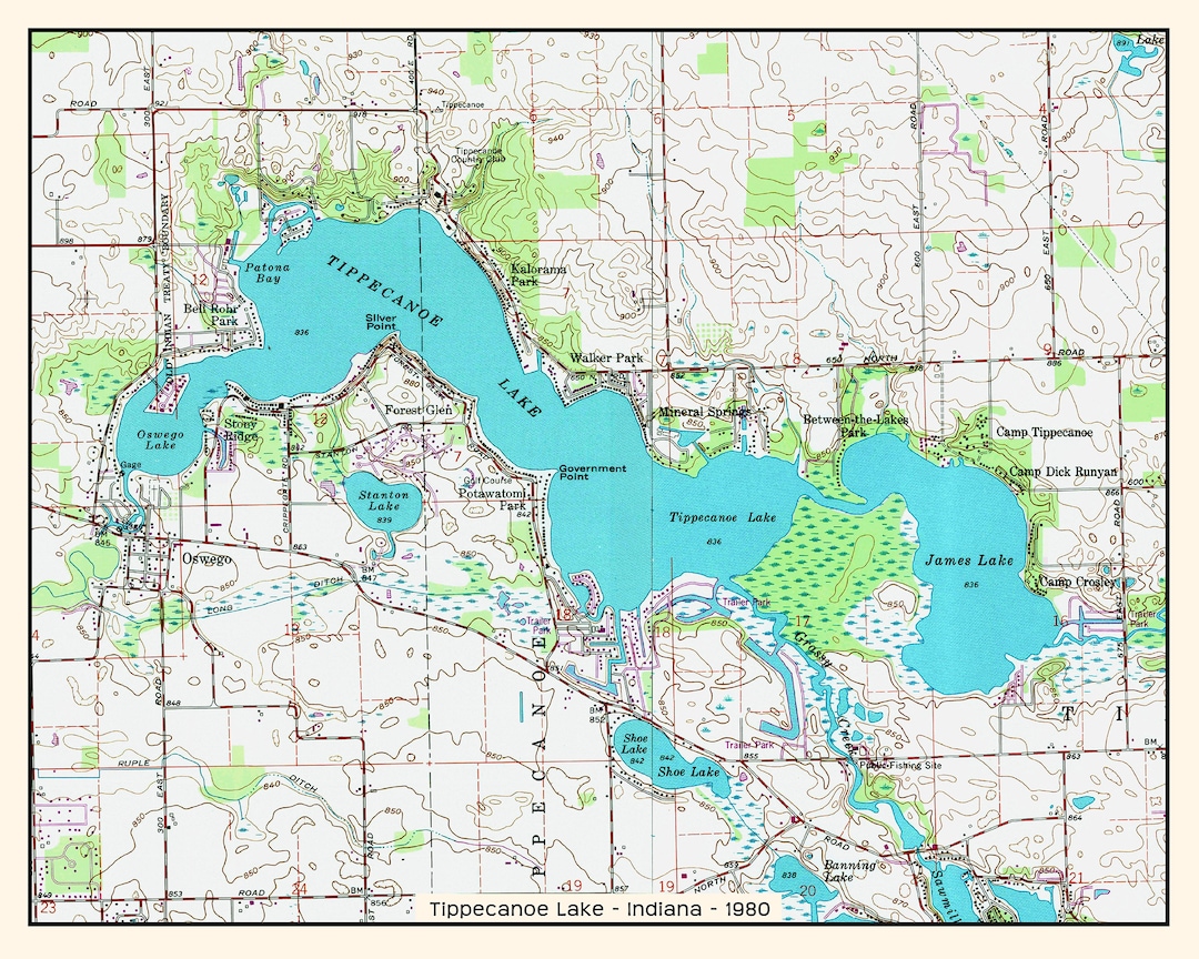 1980 Map of Tippecanoe Lake Indiana - Etsy