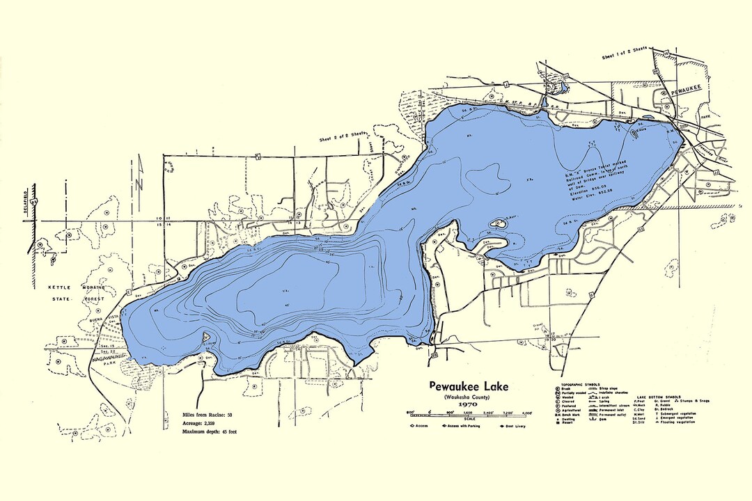 1970 Map of Pewaukee Lake Waukesha County Wisconsin - Etsy
