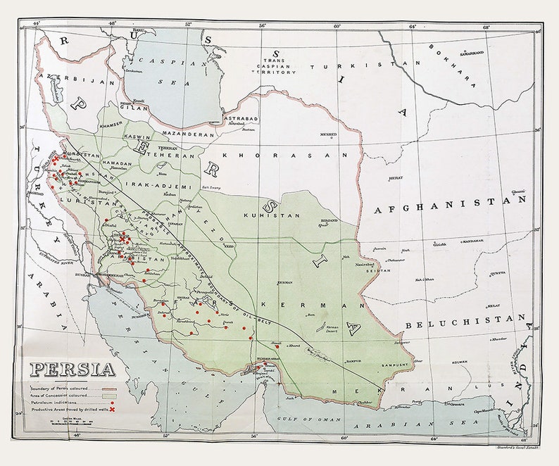 1909 Map of Persia Middle East Oil Well Fields | Etsy