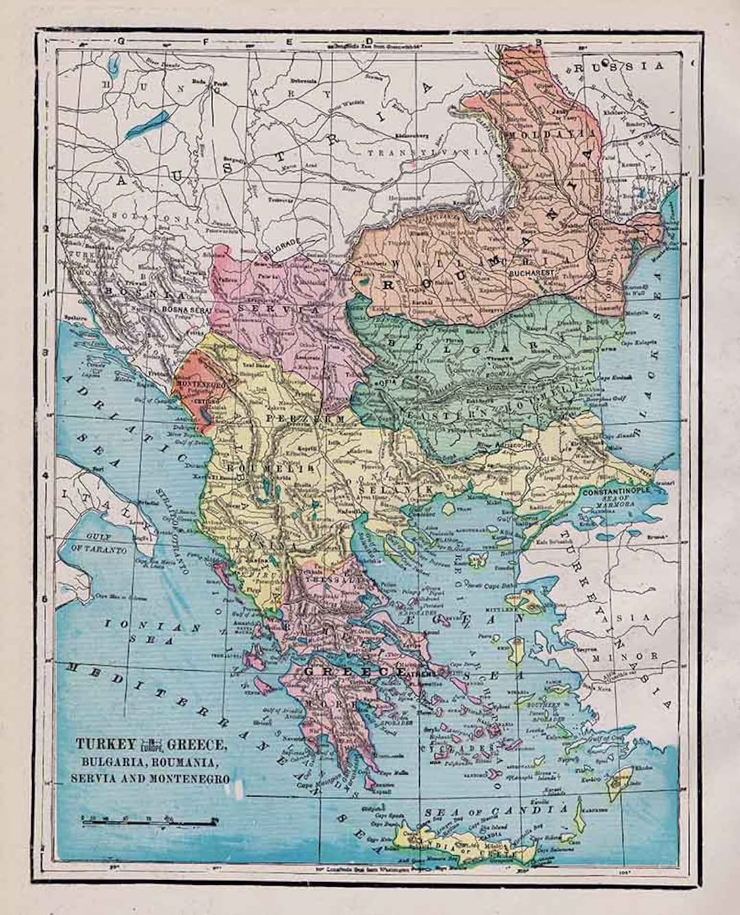 1900 Map of Turkey Greece Bulgaria Roumania Servia and Montenegro - Etsy