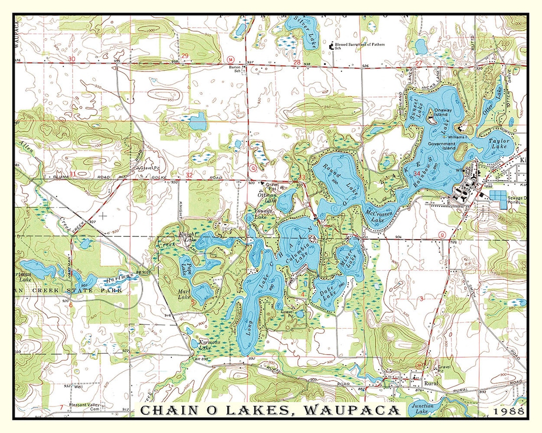 1988 Map of Chain O Lakes Waupaca County Wisconsin - Etsy