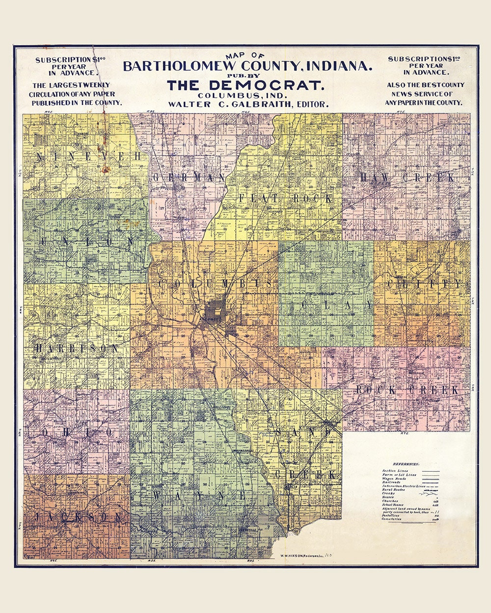 1910 Farm Line Map of Bartholomew County Indiana - Etsy