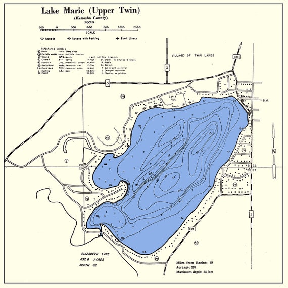 1970 Map of Lake Marie Upper Twin Kenosha County Wisconsin - Etsy