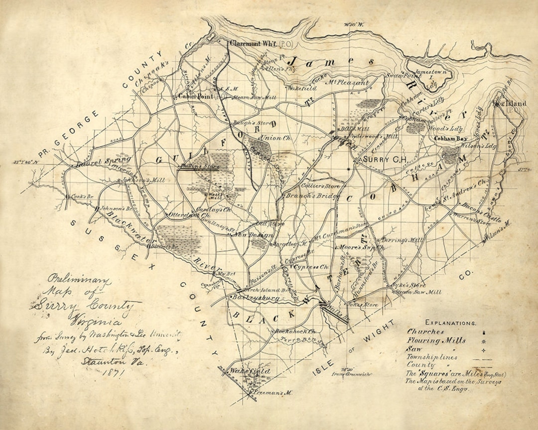 1871 Map of Surry County Virginia - Etsy