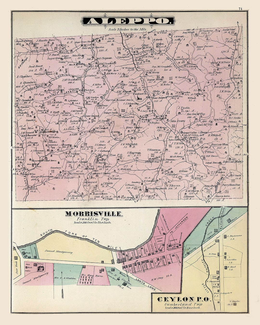 1876 Map of Aleppo Township Greene County Pennsylvania Ceylon ...