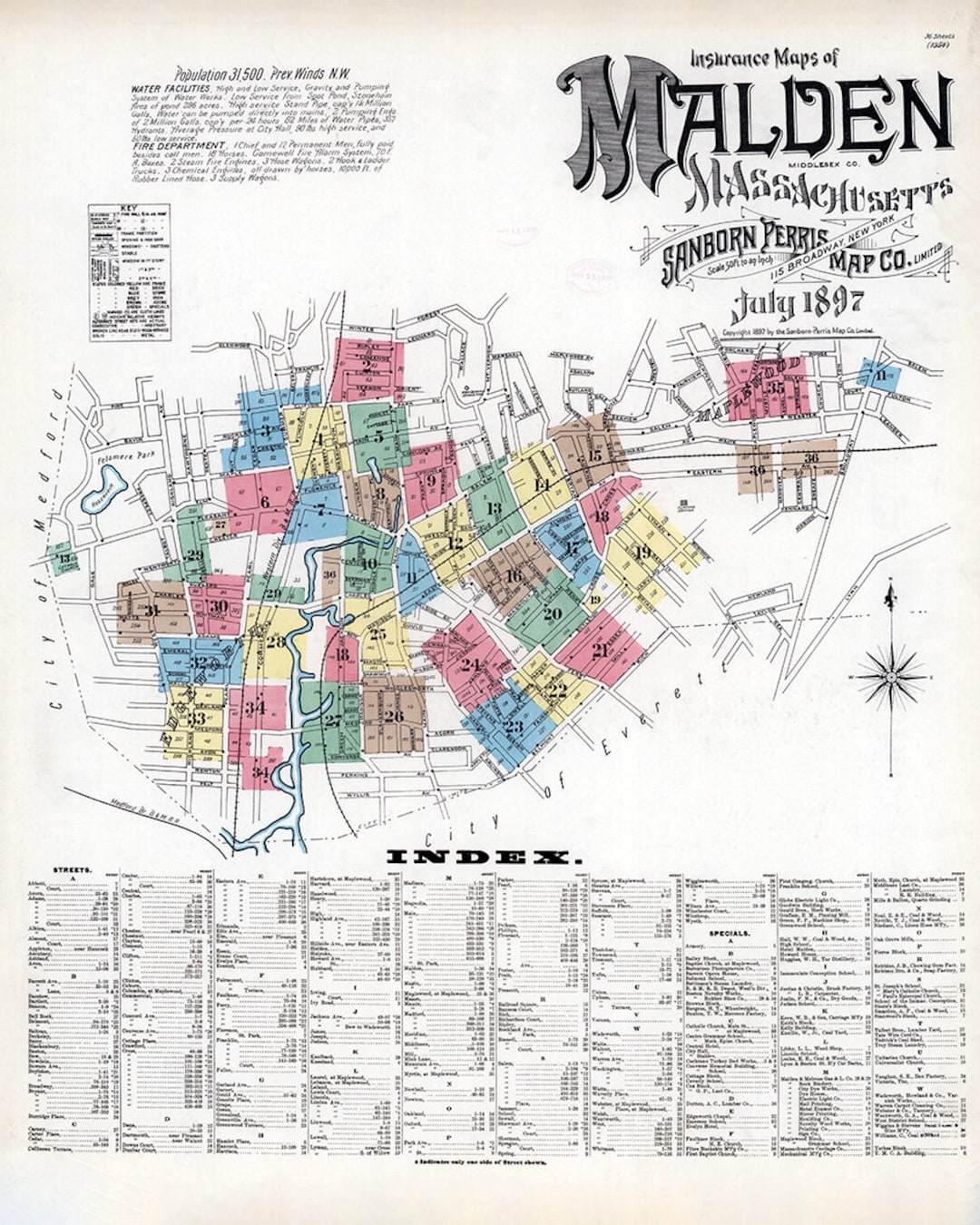 1897 Town Map of Malden Middlesex County Massachusetts - Etsy