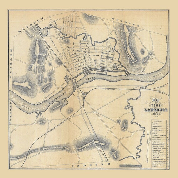 1850 Town Map of Lawrence Essex County Massachusetts - Etsy