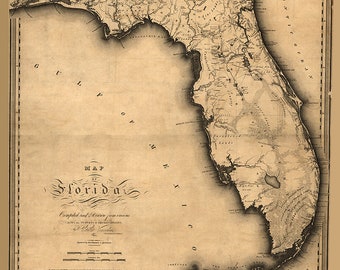 1823 Antique Map of Florida Museum Quality Historic Drawing Vintage ...