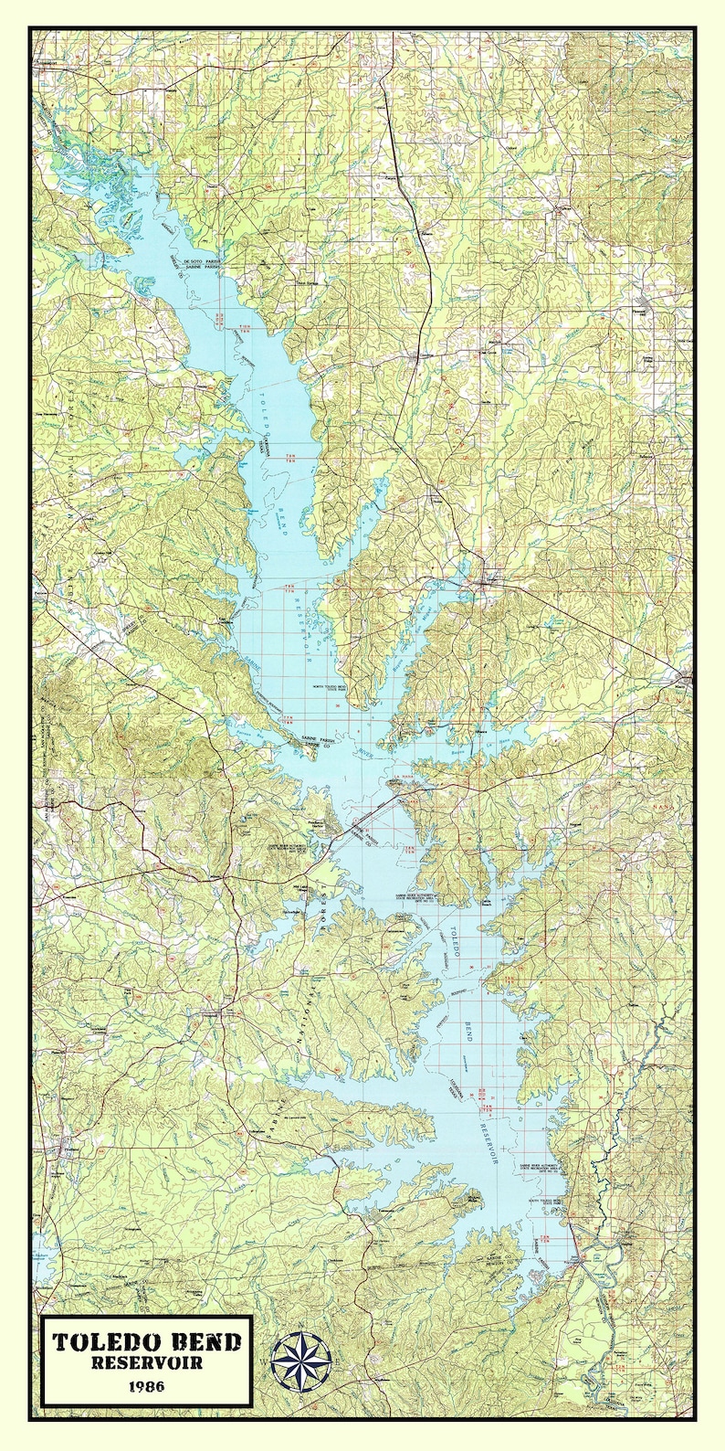 1986 Map of Toledo Bend Reservoir Texas and Louisiana - Etsy