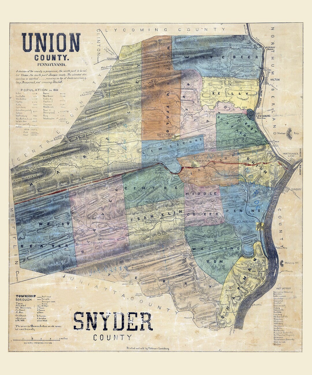 1850 Map of Snyder County and Union County Pennsylvania - Etsy