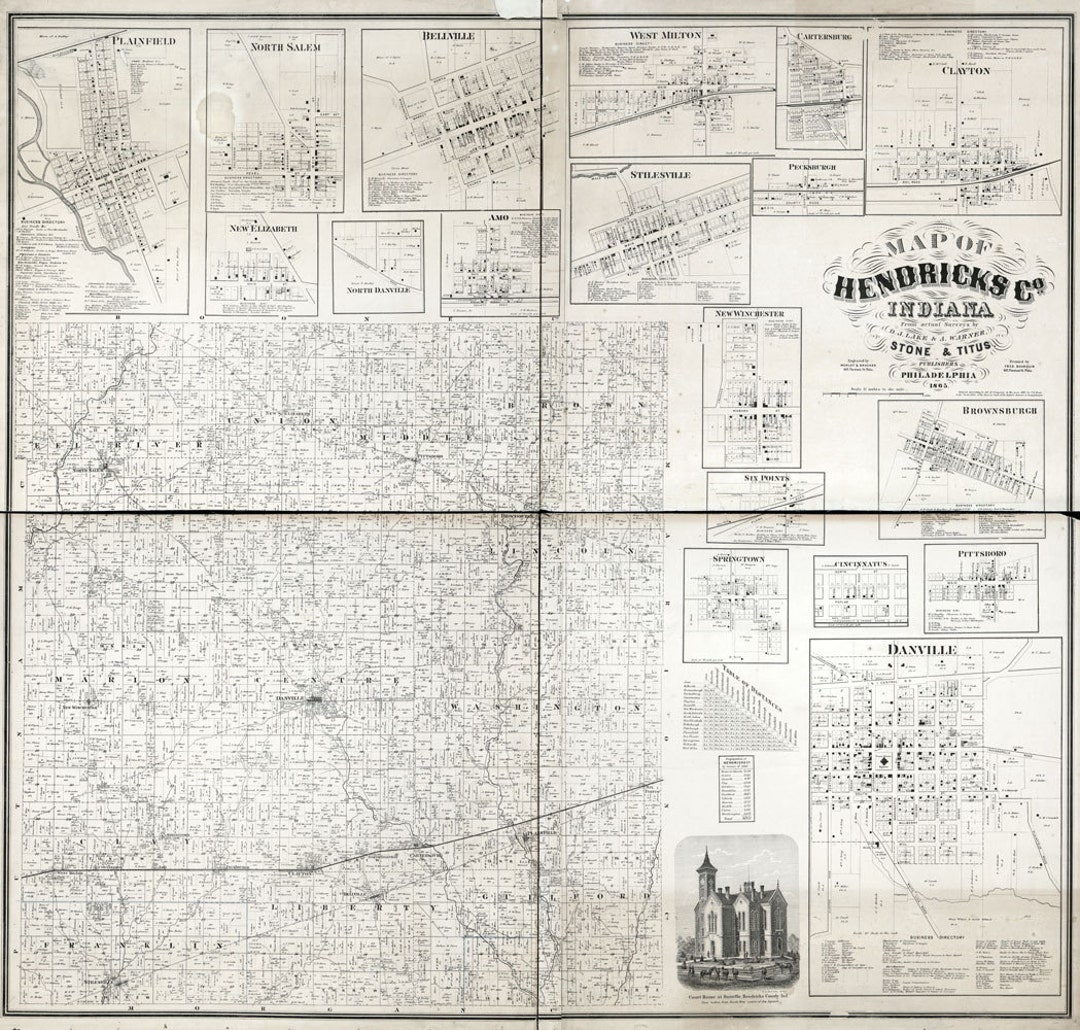 1866 Farm Line Map of Hendricks County Indiana Danville - Etsy