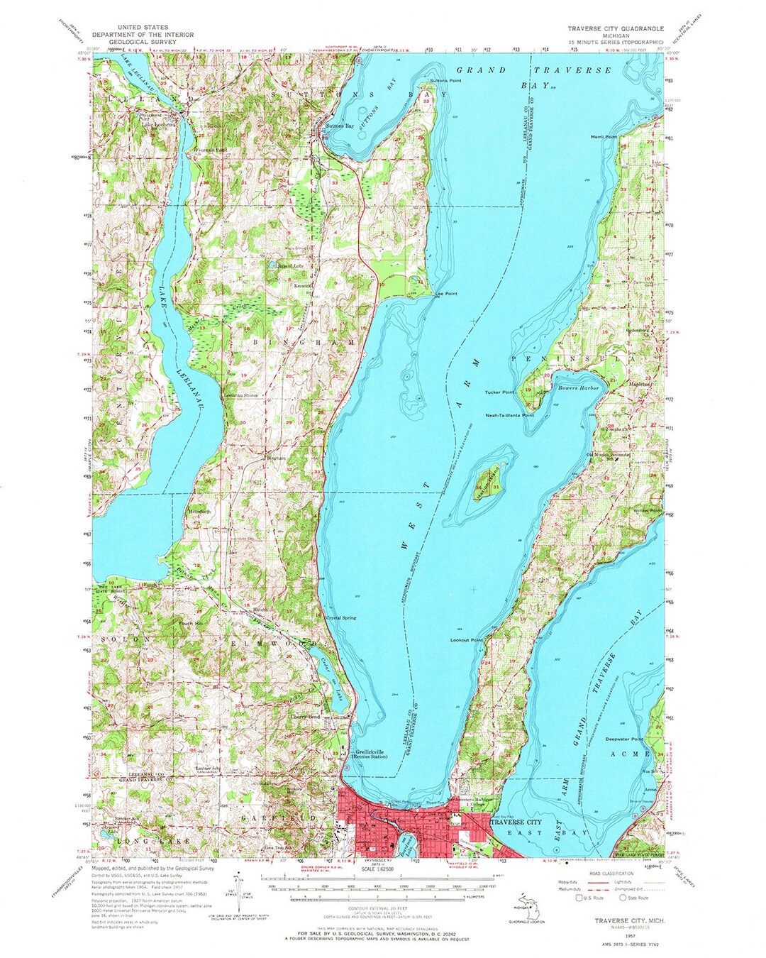 1957 Topo Map of Traverse City Michigan Grand Traverse Bay - Etsy