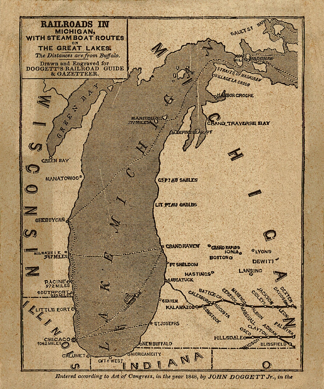 1848 Map of Lake Michigan and Railroads - Etsy