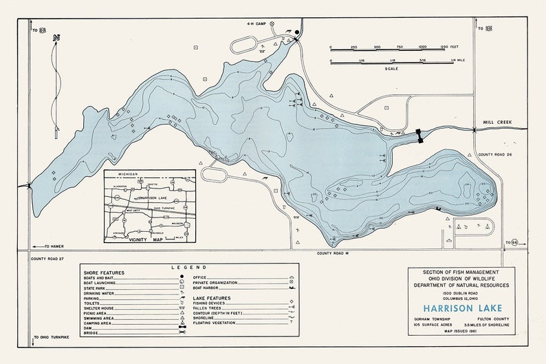 1961 Map of Harrison Lake Fulton County Ohio - Etsy