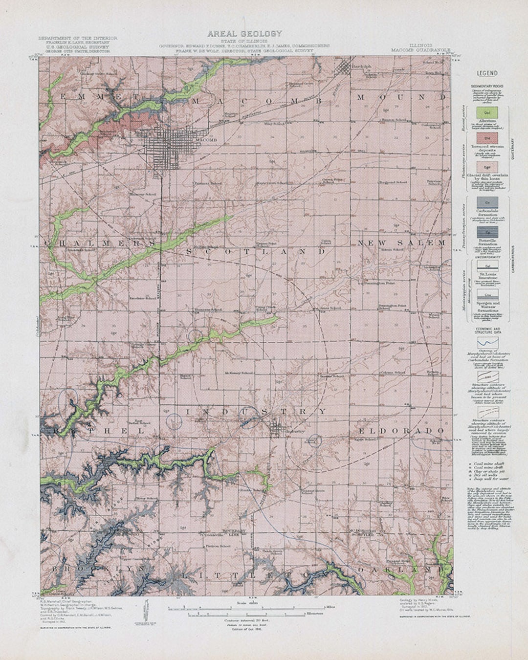 1916 Topo Map of Macomb Quadrangle Illinois Showing Oil Well & Coal ...