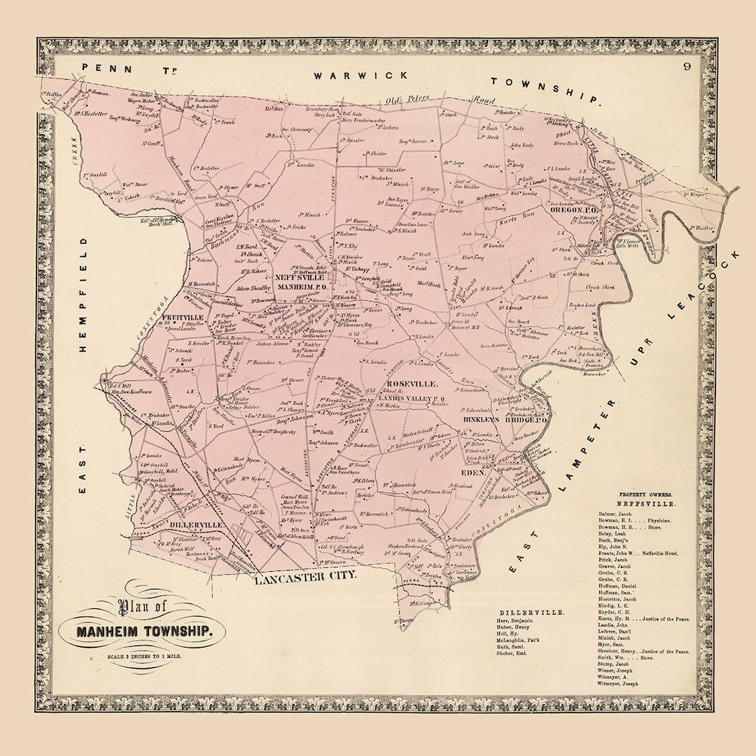 1864 Map of Manheim Township Lancaster County Pennsylvania - Etsy