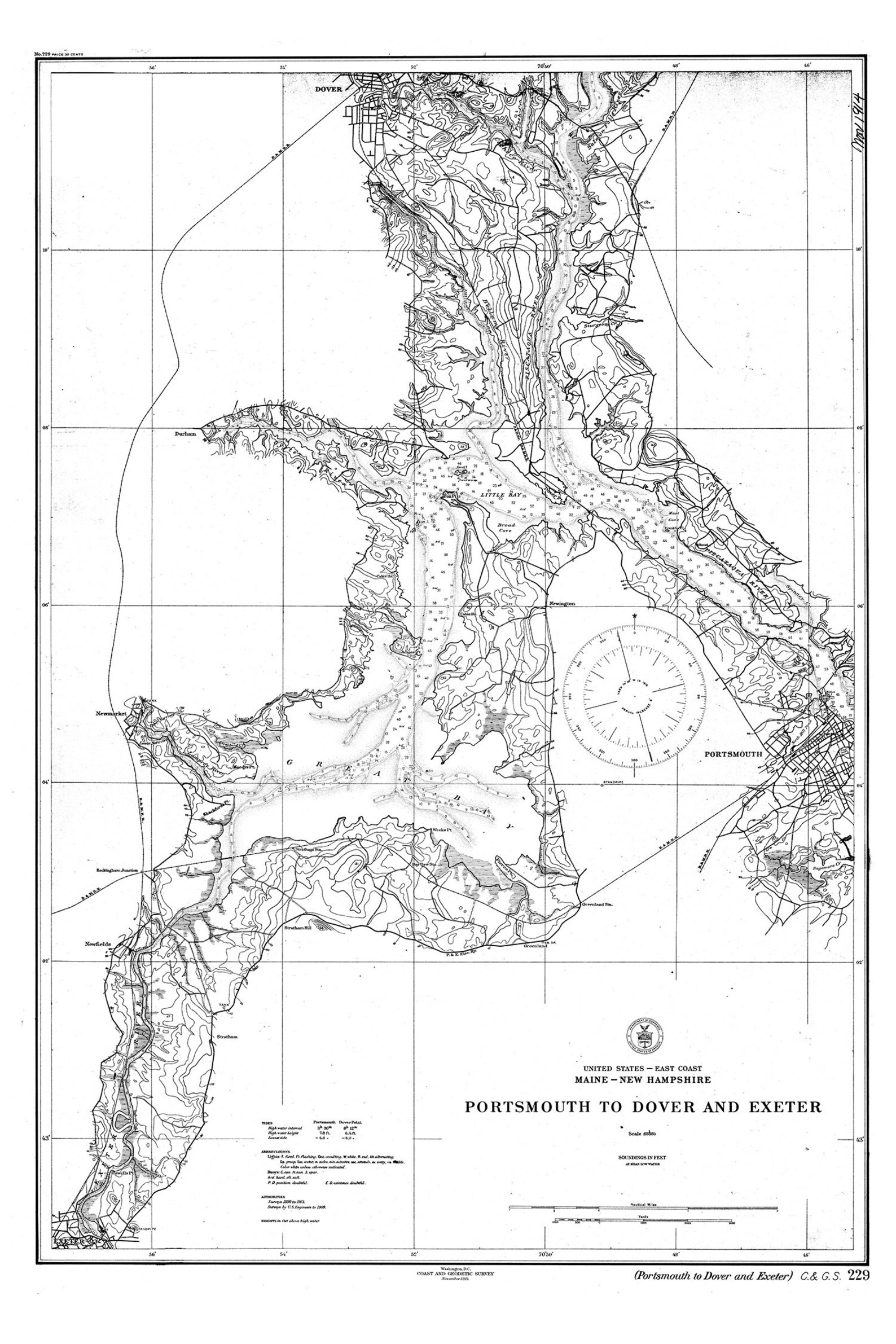 1914 Nautical Chart of Portsmouth to Dover and Exeter Piscataqua River ...