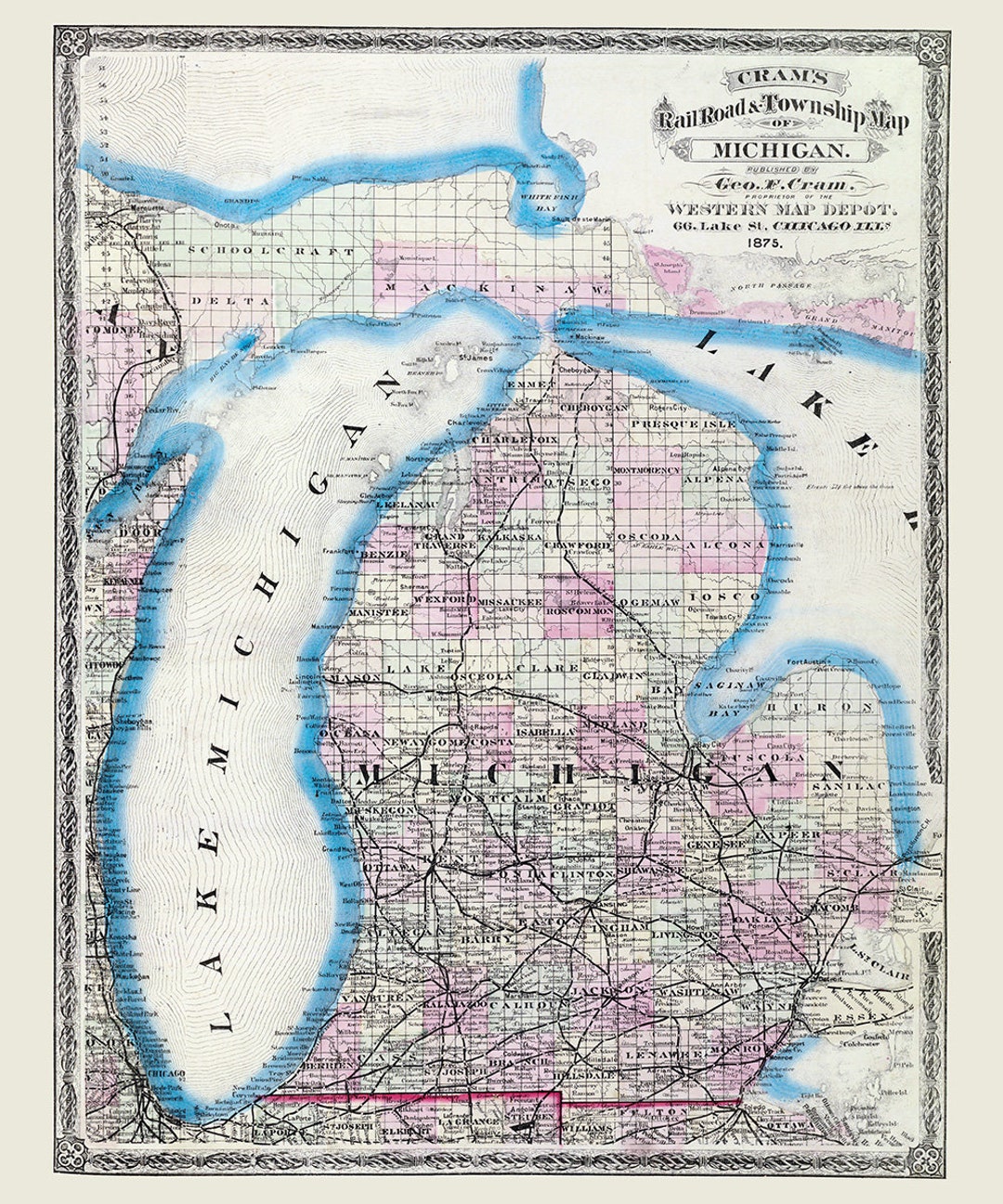1875 Map of Michigan - Etsy