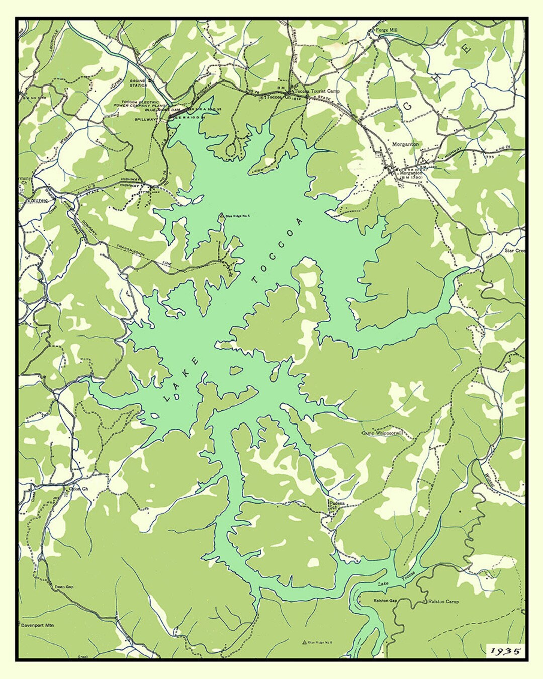 1935 Map of Blue Ridge Lake Georgia Lake Toccoa - Etsy