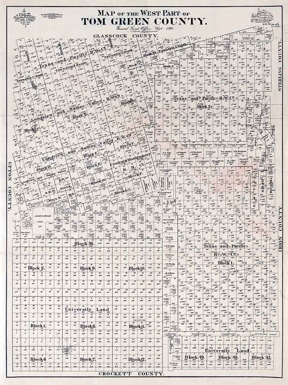 1894 Farm Line Map of West Part of Tom Green County Texas | Etsy