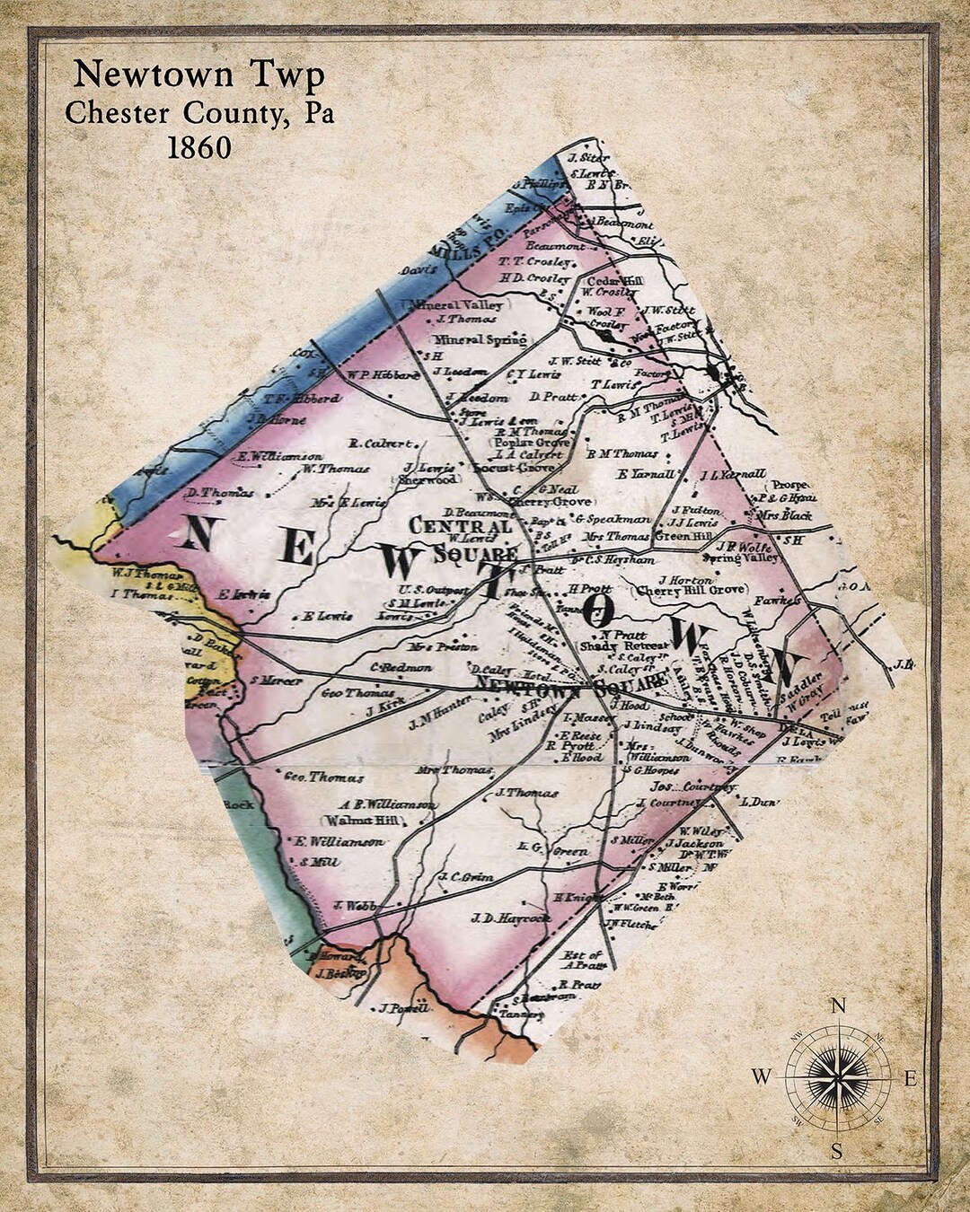 1860 Map of Newtown Township Chester County Pa - Etsy
