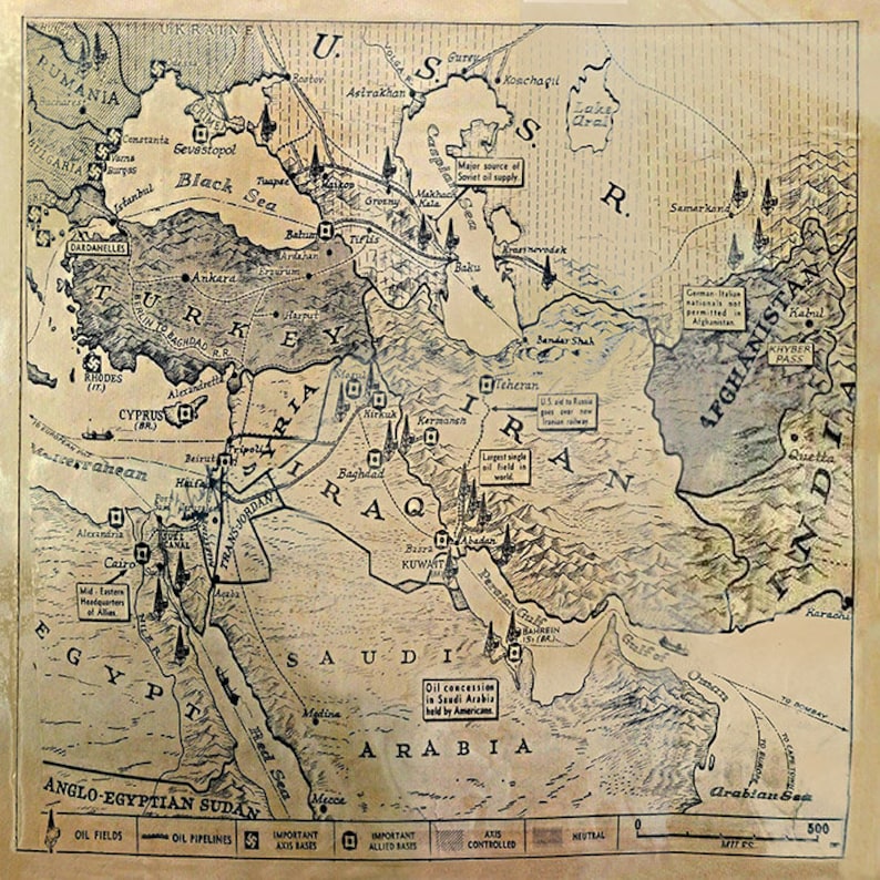 1940s Map of Middle East Oil Fields During World War 2 | Etsy