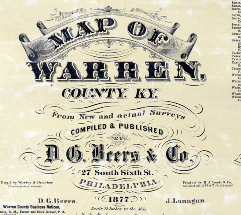 1877 Map of Warren County Kentucky Bowling Green - Etsy