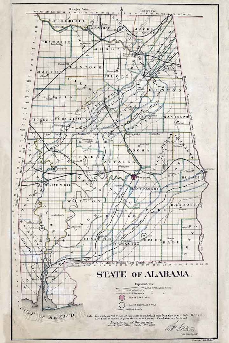 1866 Map of the State of Alabama | Etsy
