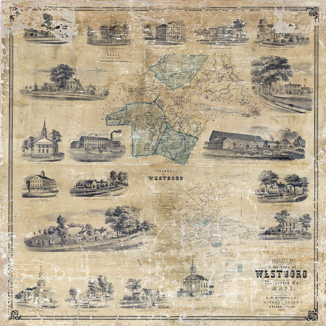 1855 Town Map of Westboro Worcester County Massachusetts - Etsy