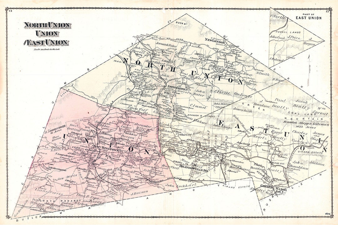 1875 Map of Union North Union and East Union Townships Schuylkill ...