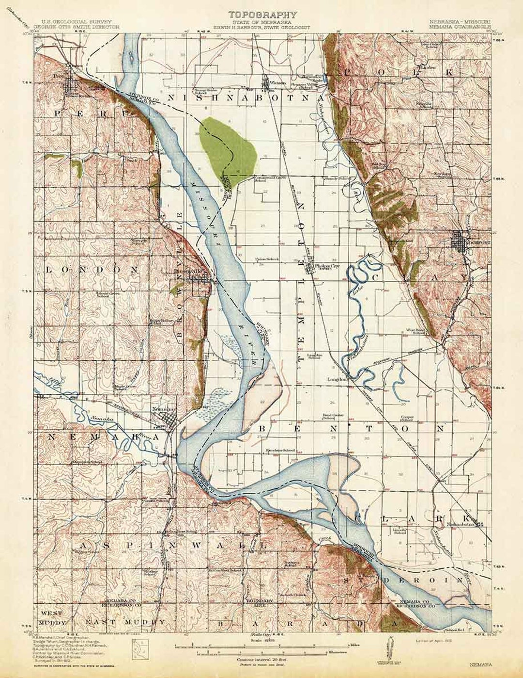 1915 Topo Map of Nemaha Nebraska Missouri - Etsy