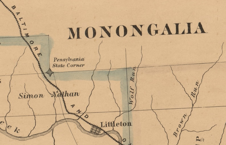 1865 Farm Line Map of Wetzel County WV Showing Oil Wells Property Names ...