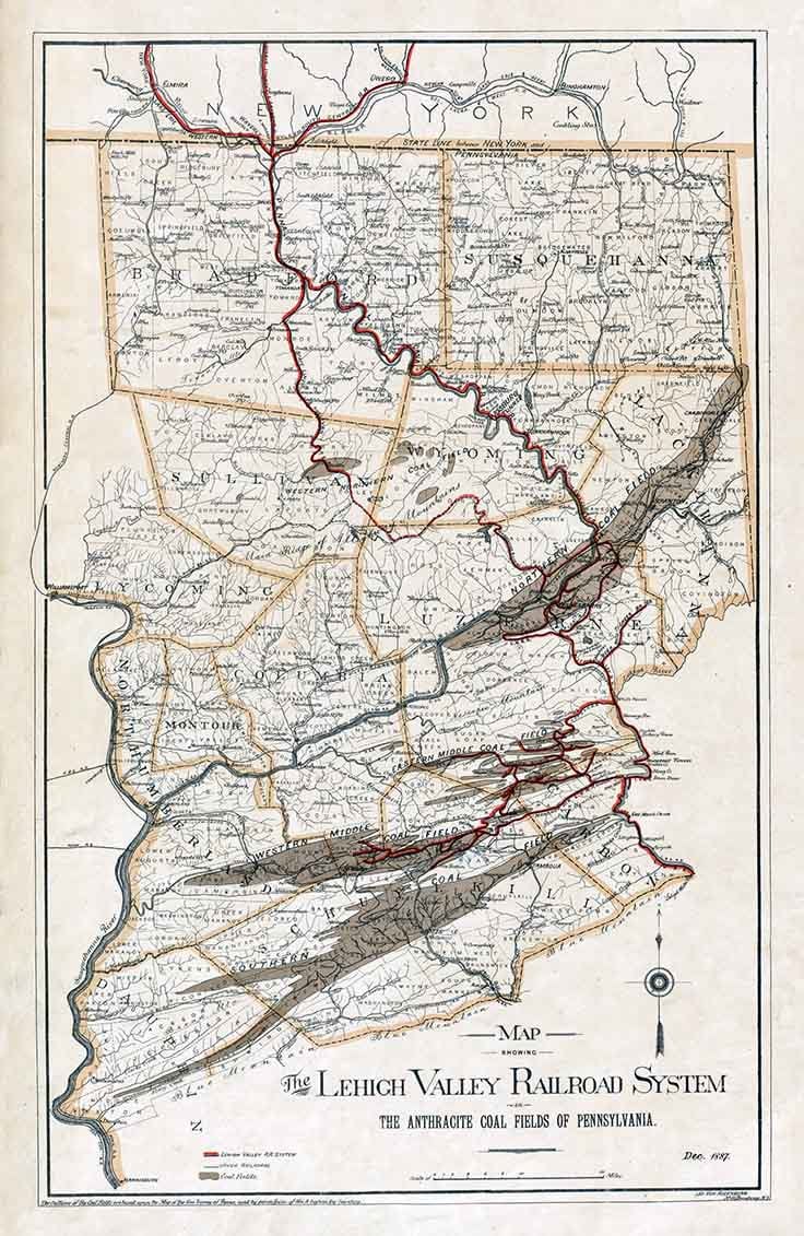 1887 Map of Lehigh Valley Railroad System Anthracite Coal Fields of Pa ...
