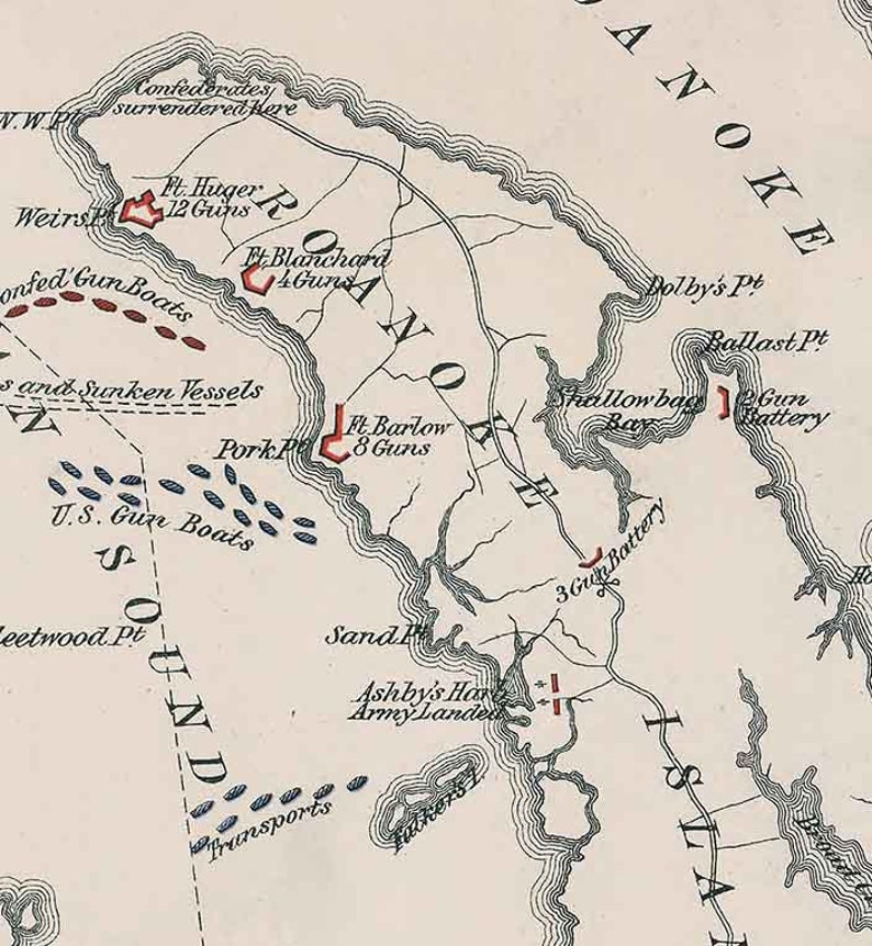 1862 Map of the Battlefield of Roanoke North Carolina - Etsy
