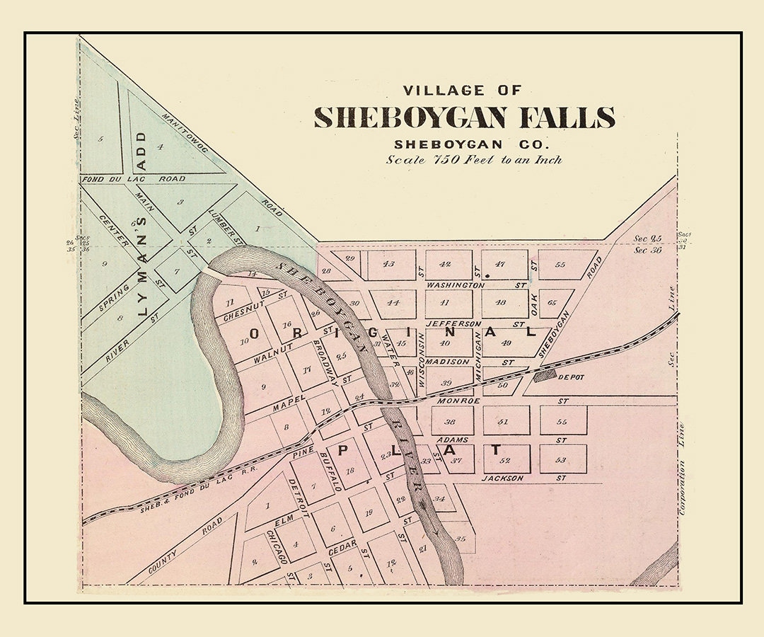 1878 Town Map of Sheboygan Falls Wisconsin - Etsy