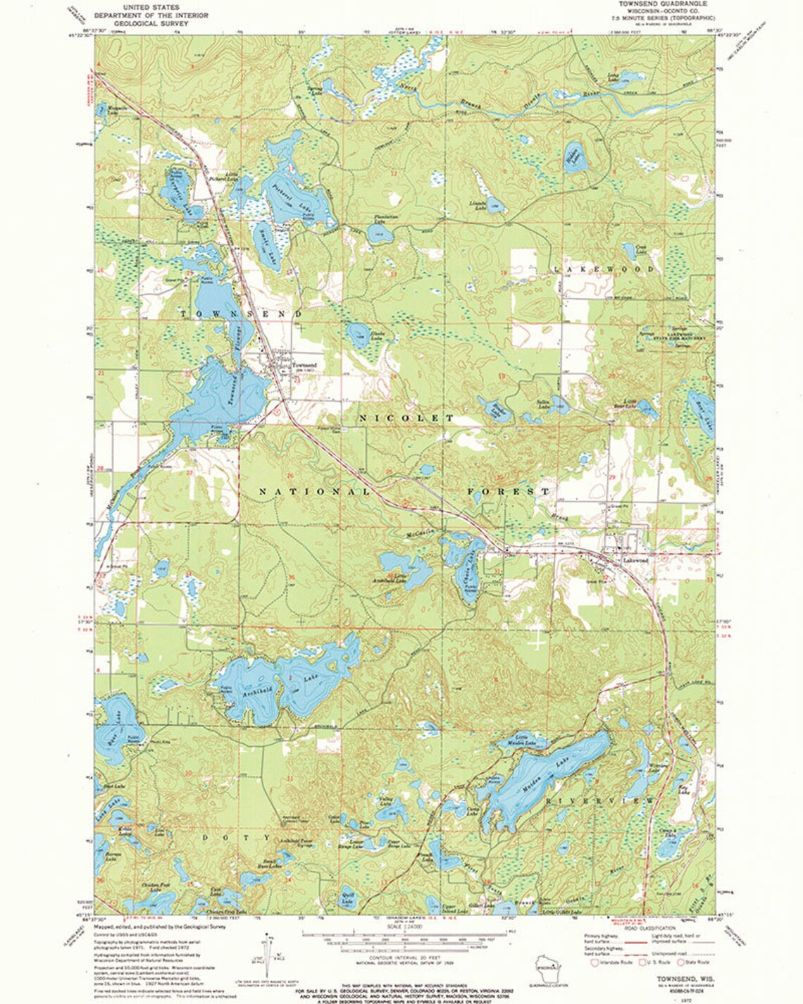 1972 Map of Townsend Quadrangle Wisconsin Archibald Lake - Etsy