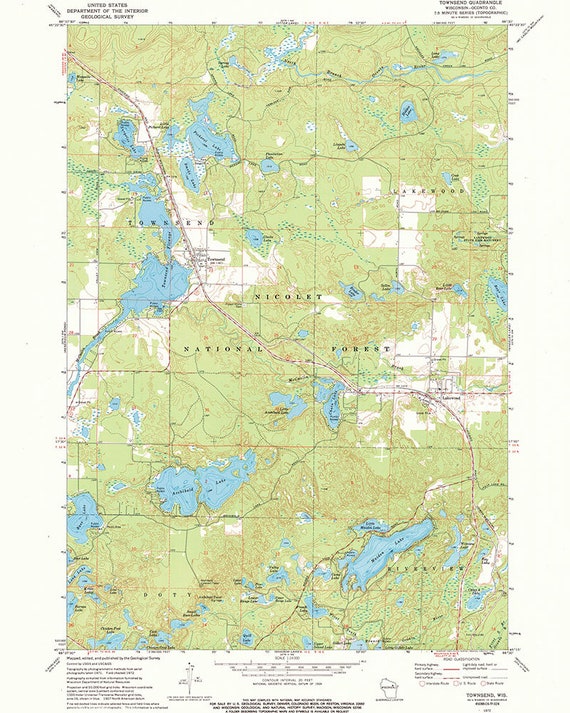 1972 Map of Townsend Quadrangle Wisconsin Archibald Lake | Etsy