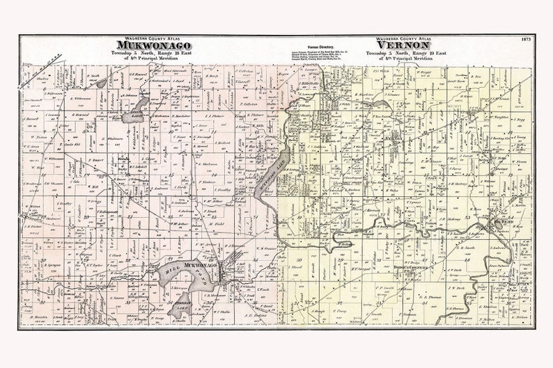 1873 Map of Mukwonago and Vernon Township Waukesha County Wisconsin - Etsy