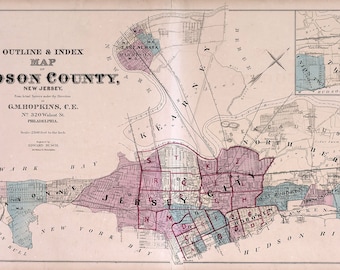 Hudson County NJ Map 1873 Old New Jersey Counties Atlas Outdoor Pillow ...