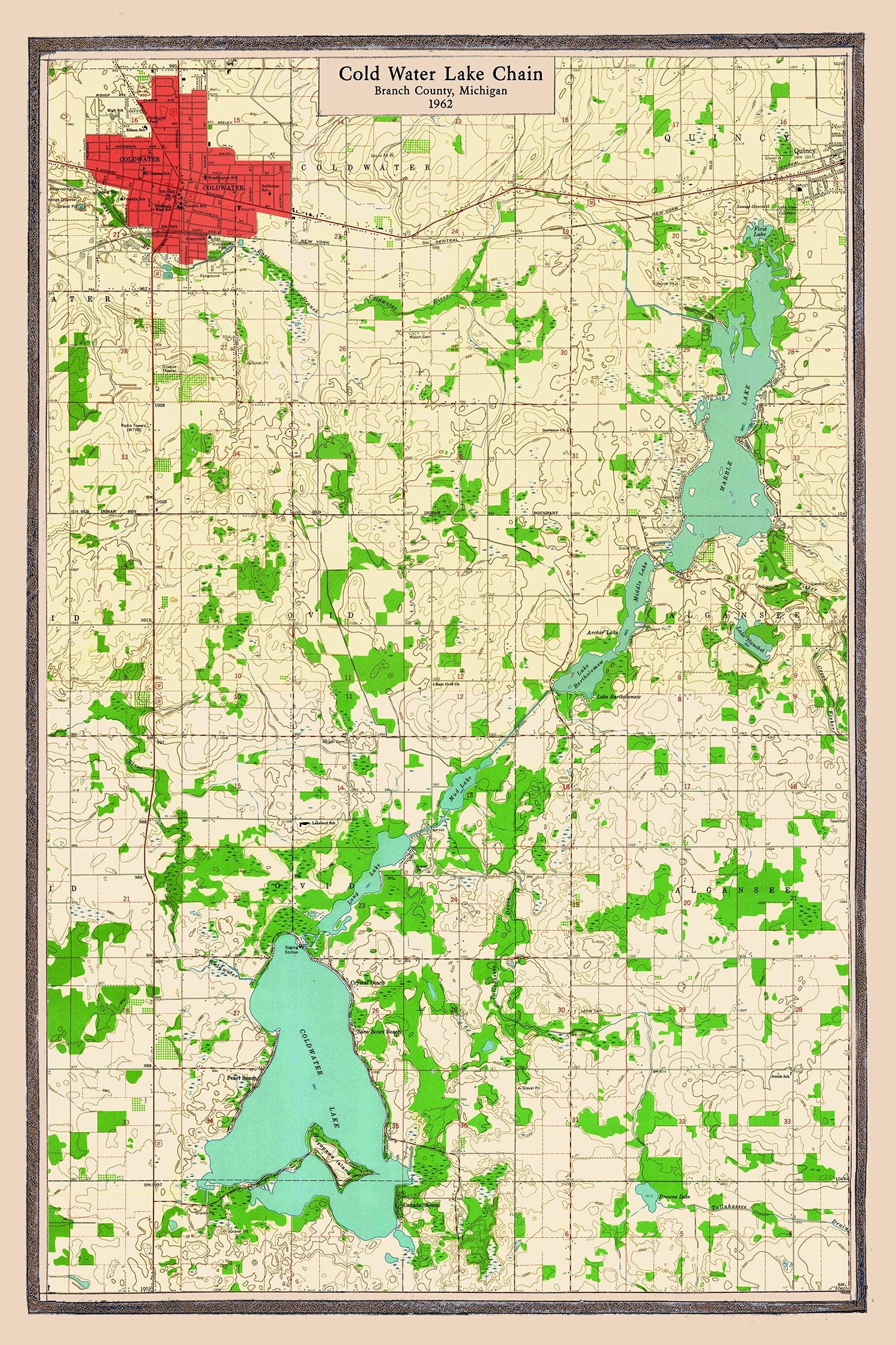1962 Map of the Coldwater Lake Chain Branch County Michigan - Etsy