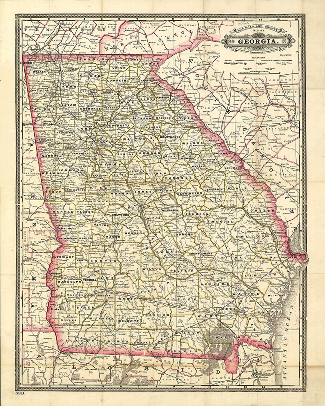 1883 Map of Georgia Rail Roads and Counties - Etsy