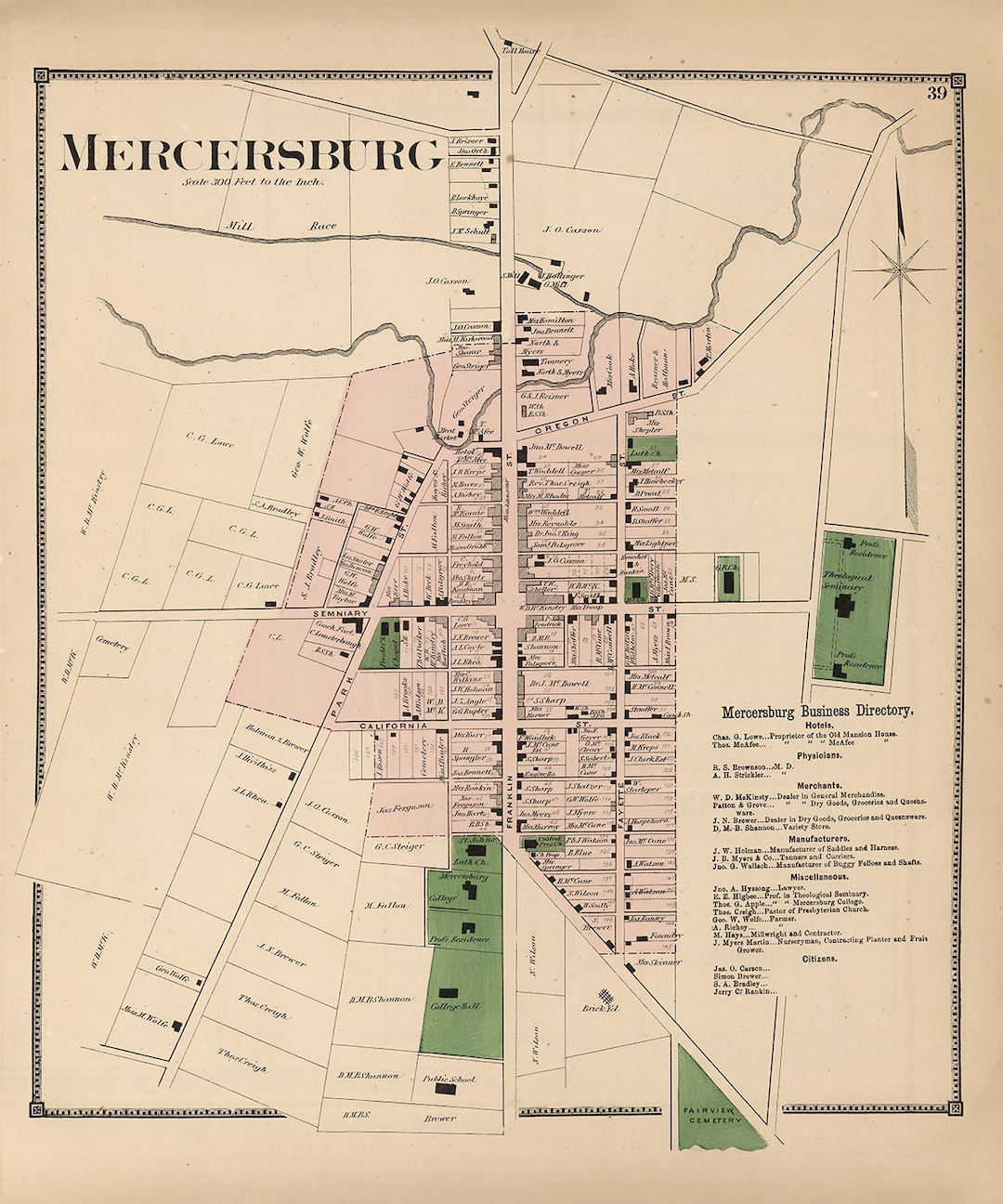 1868 Town Map of Mercersburg Franklin County Pennsylvania - Etsy
