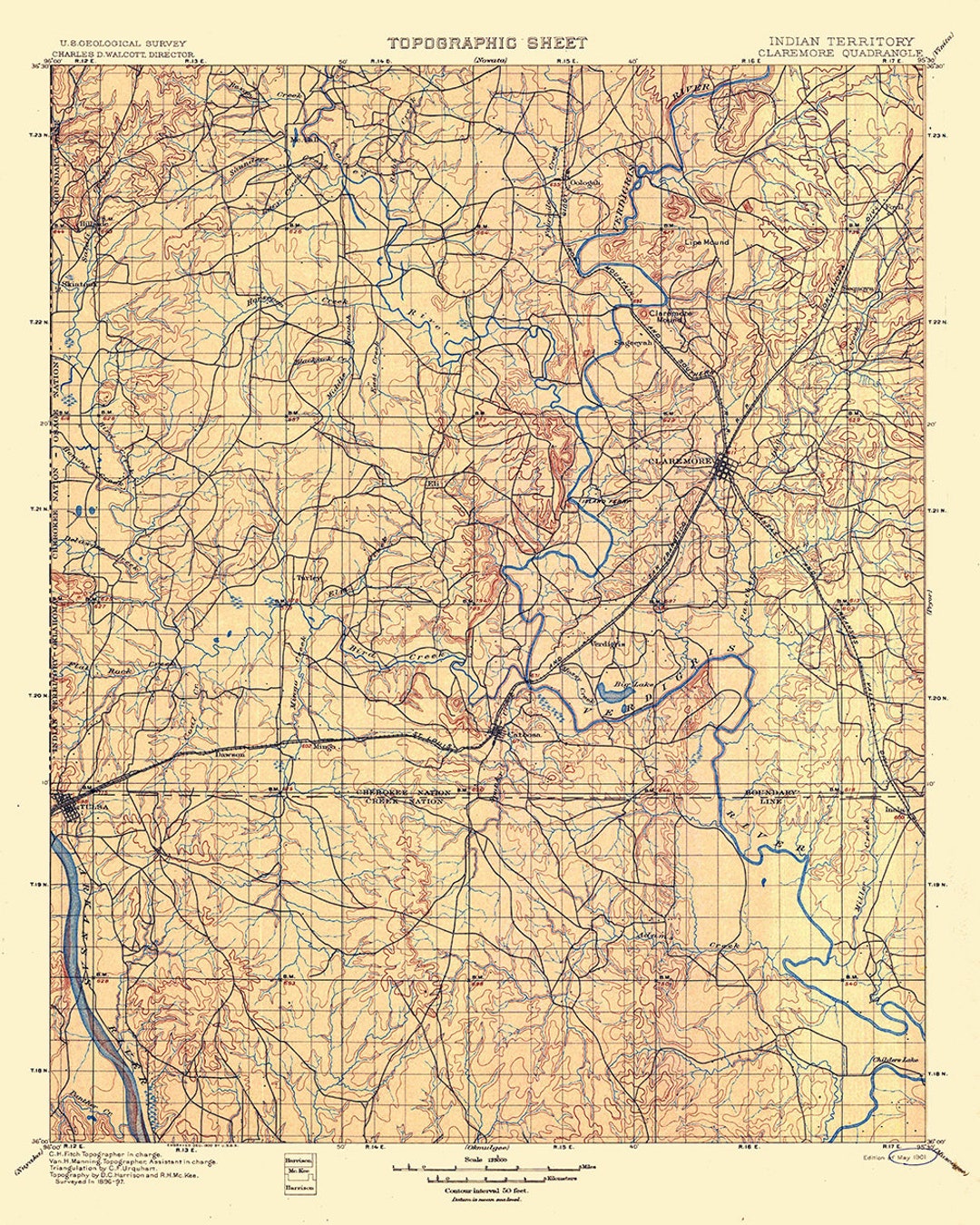 1901 Topo Map of Claremore Oklahoma Indian Territory Tulsa - Etsy