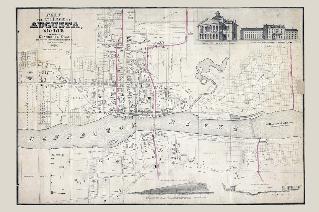 1838 Town Map of Augusta Maine - Etsy