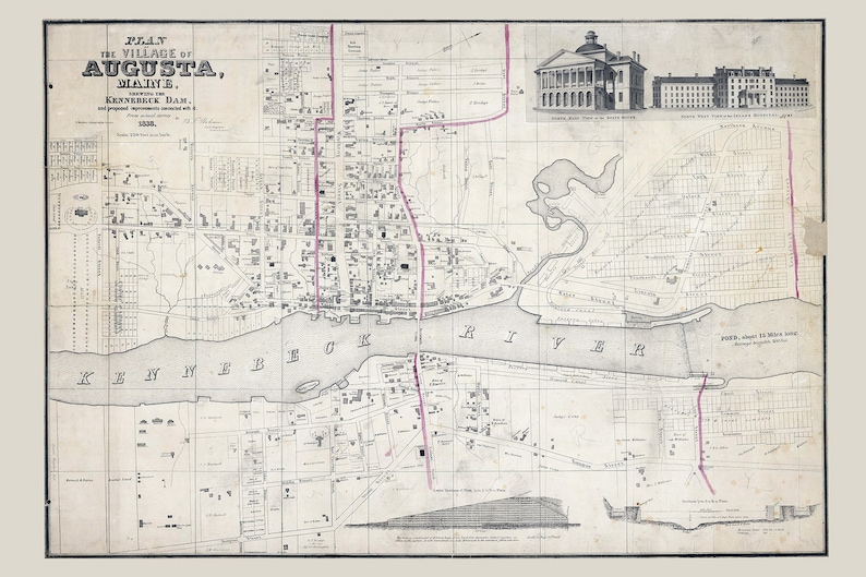 1838 Town Map of Augusta Maine - Etsy